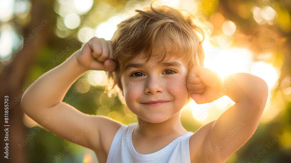 Smiling little boy flexing muscles and looking at camera feels healthy ...