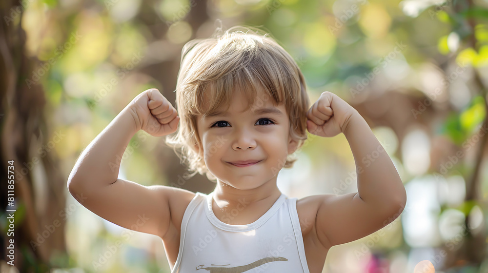 Smiling little boy flexing muscles and looking at camera feels healthy ...