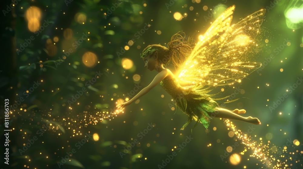 The beautiful fairy Tinkerbell is flying through a magical forest ...