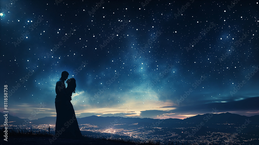 An inspiring silhouette of a couple embracing under a starry sky, with ...