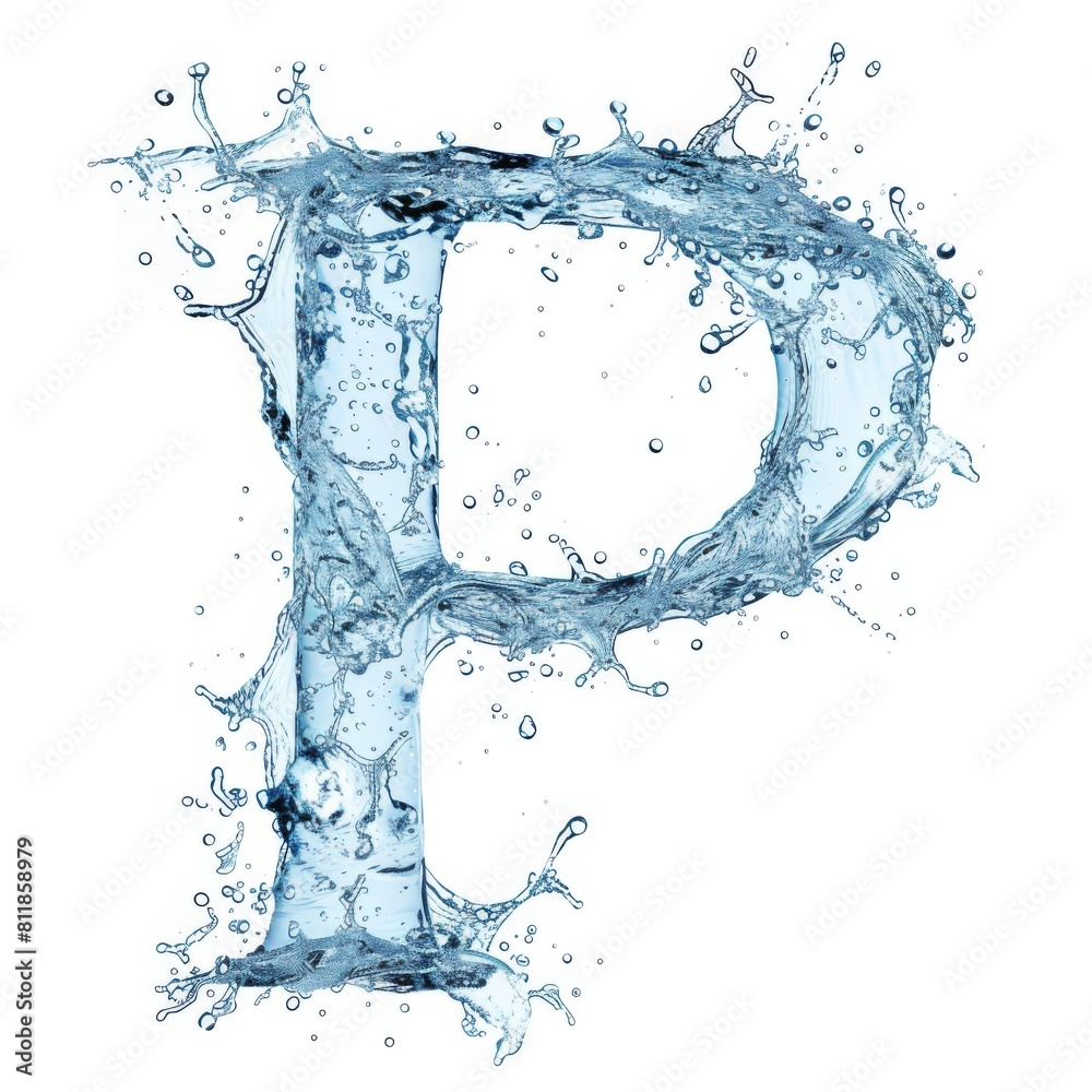 Latin letter P, texture of water, ice and splashes on white background ...