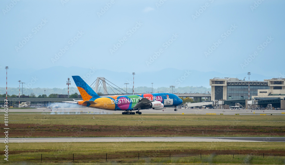 Milano, Italy. Emirates Airbus A380 is landing at MXP Milano Malpensa ...