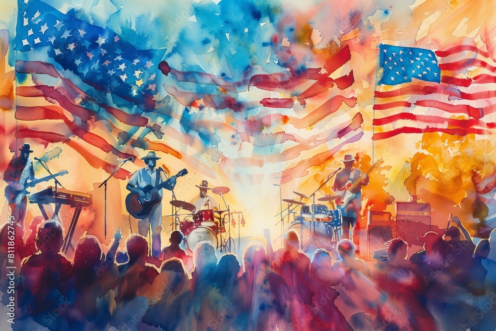 Dynamic watercolor illustration of a patriotic concert on Independence ...