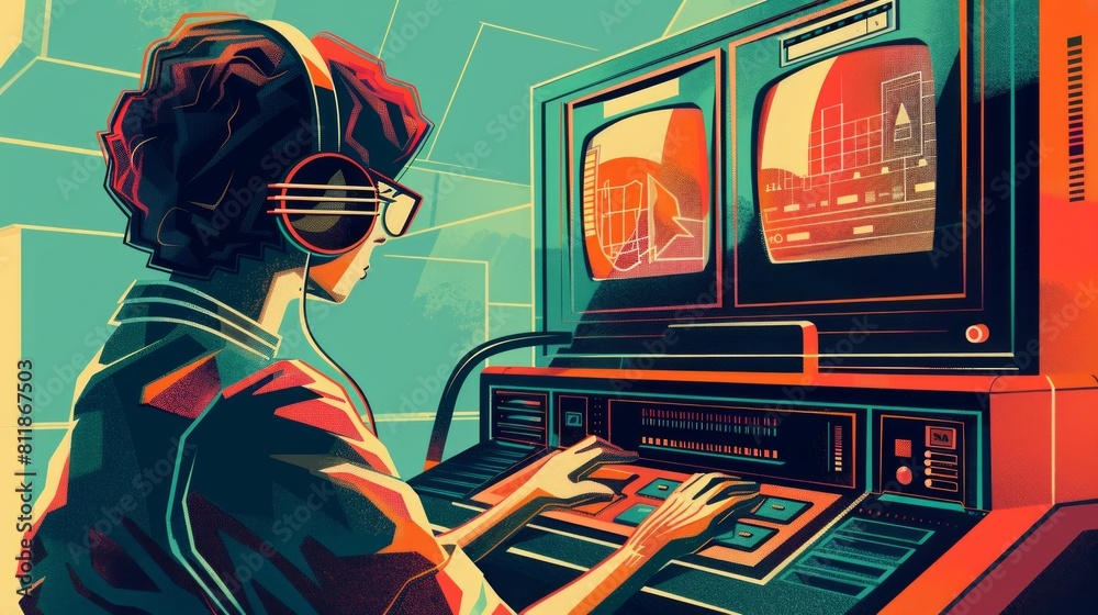 A retro-futuristic illustration of a person using a clunky early model ...