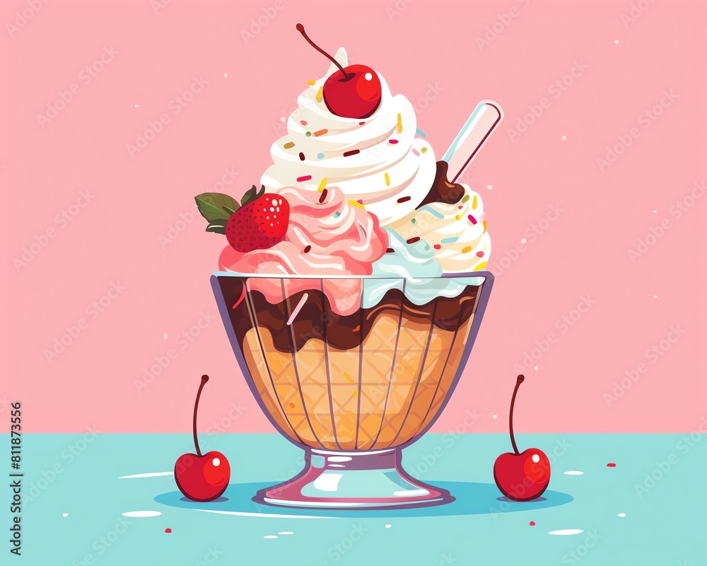 Ice cream sundae making flat design side view party theme cartoon ...