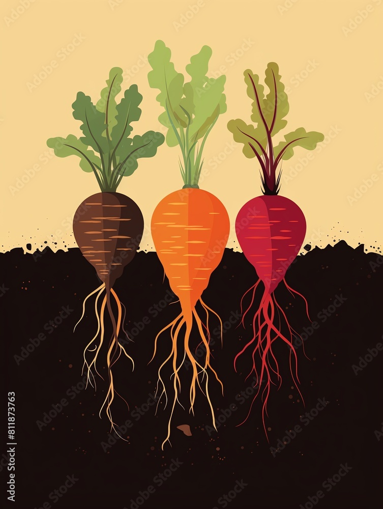Root vegetables in soil flat design side view agricultural theme ...