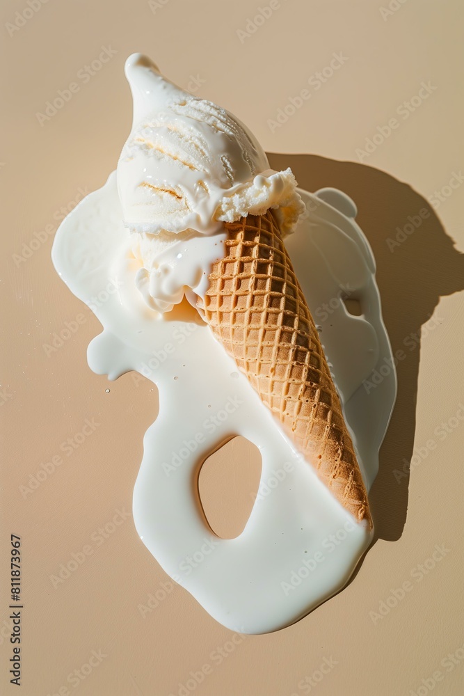 ice cream in a cone laying on the side upside down, the top is slowly ...