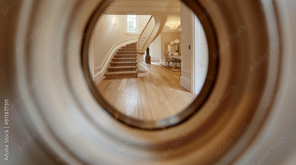 Looking through the ornate front door peephole at a chic entrance with ...