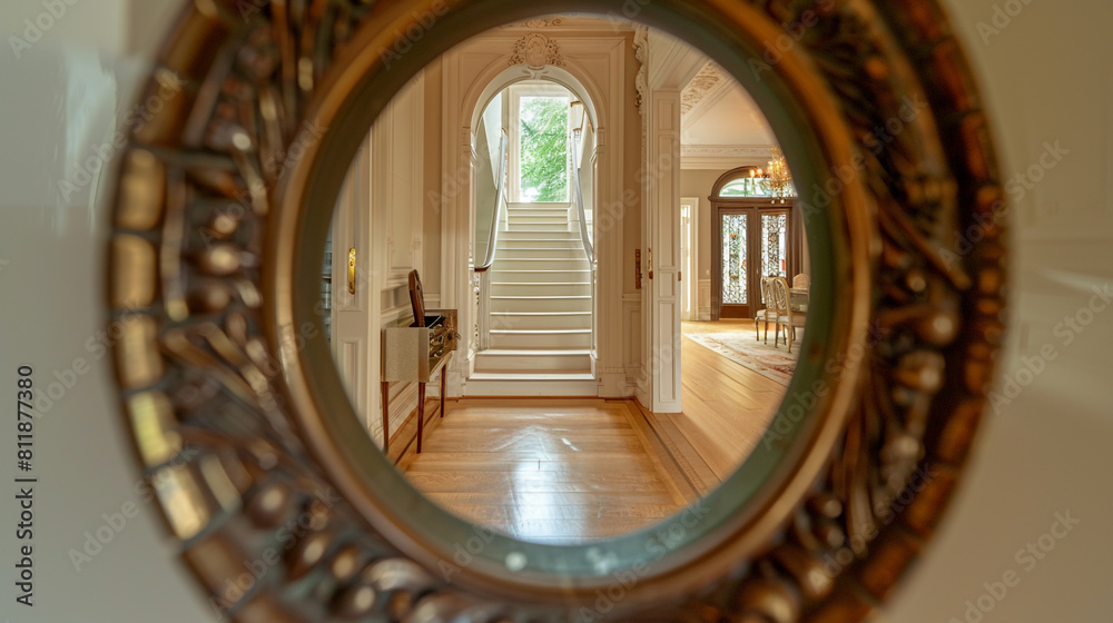 Looking through the ornate front door peephole at a chic entrance with ...