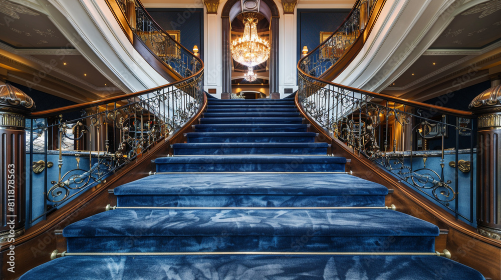 Luxury home foyer with rich blue carpeted stairs leading to an elegant ...