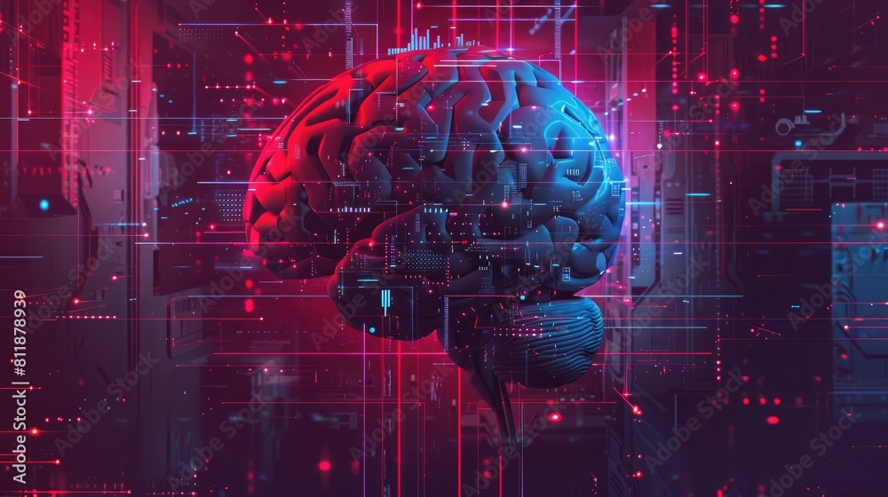 Futuristic Digital Brain with Neon Lights and Neural Connections Stock ...