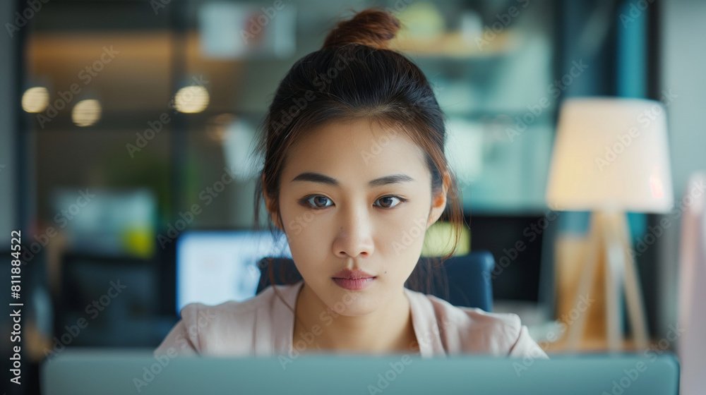 In a sleek modern office, a young Asian professional leans in close to her laptop screen, her ...