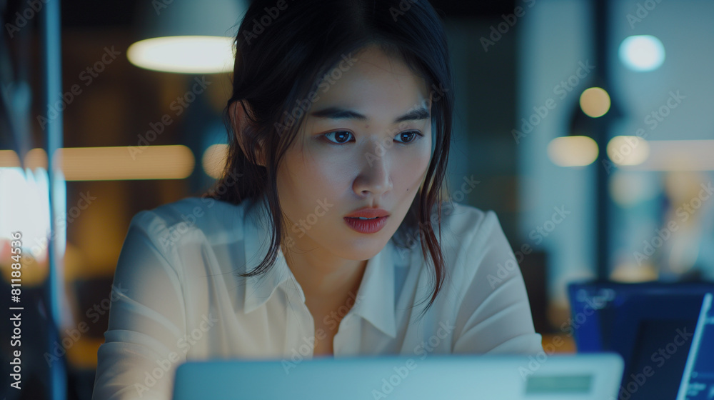 In a sleek modern office, a young Asian professional leans in close to her laptop screen, her ...