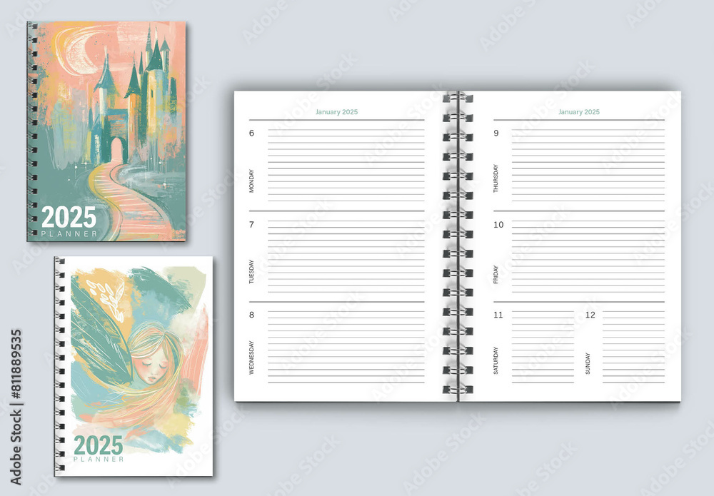 2025 Weekly Planner Layout with AI Generative Covers Stock Template ...