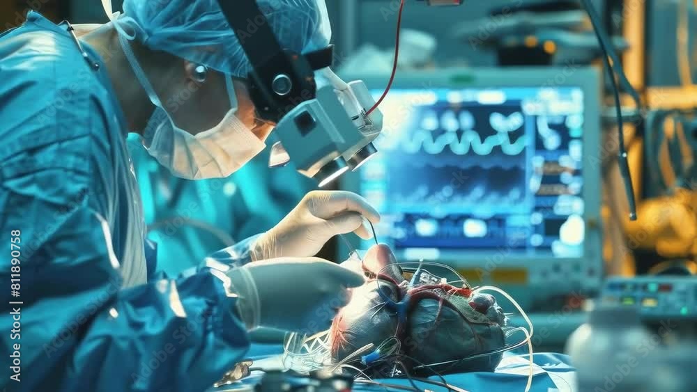 Medical laboratory where a surgeon examines a human heart under a ...