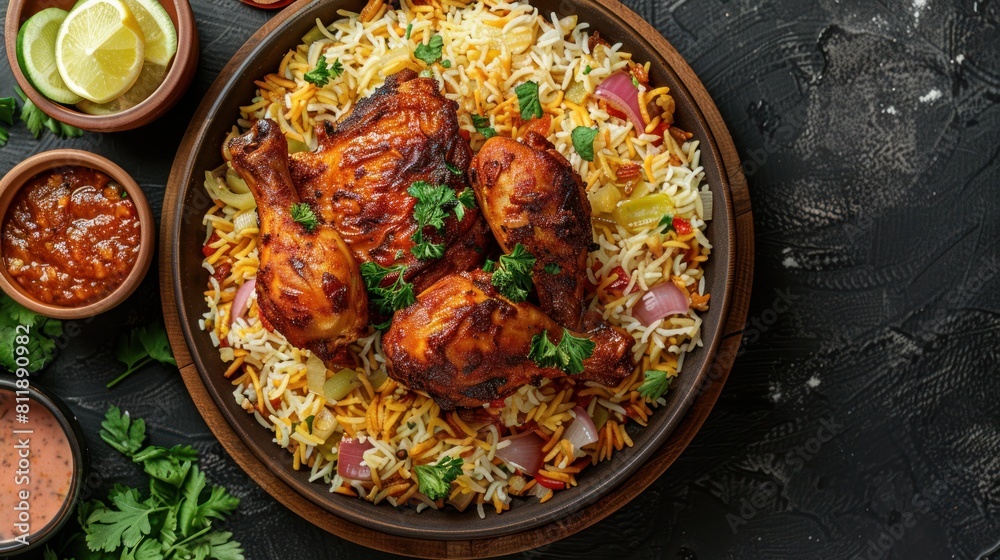 Top view of Chicken Mandy: Arab cuisine's national dish, chicken kabsa ...