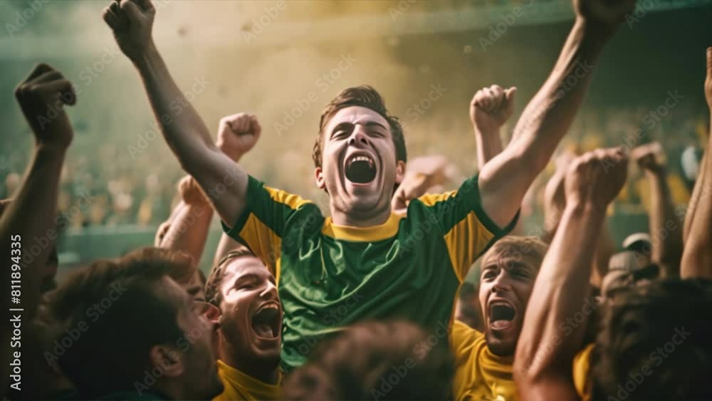 football player scoring a game-winning goal, his arms raised in triumph ...