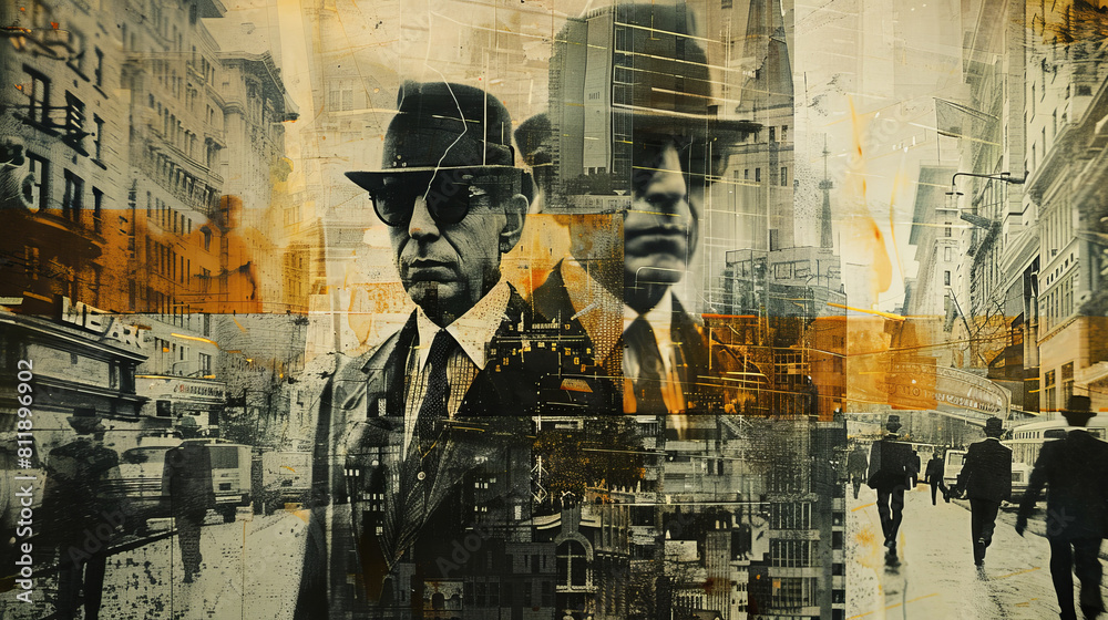 Time-spanning artistic collage of historical figures in modern city ...