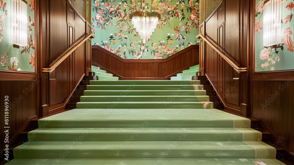 Luxury mansion foyer with mint green carpeted stairs featuring a floral ...