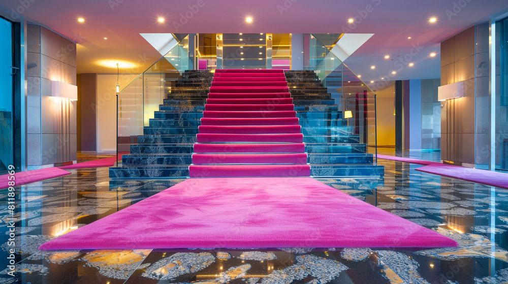 Modern luxury foyer with hot pink carpeted stairs flanked by glass ...
