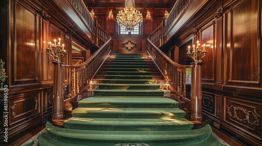 Opulent mansion foyer with sage green carpeted stairs flanked by ...