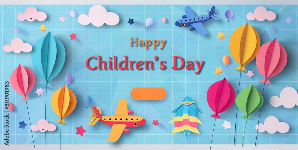 Happy Children's Day banner template with paper cut balloons and plane ...