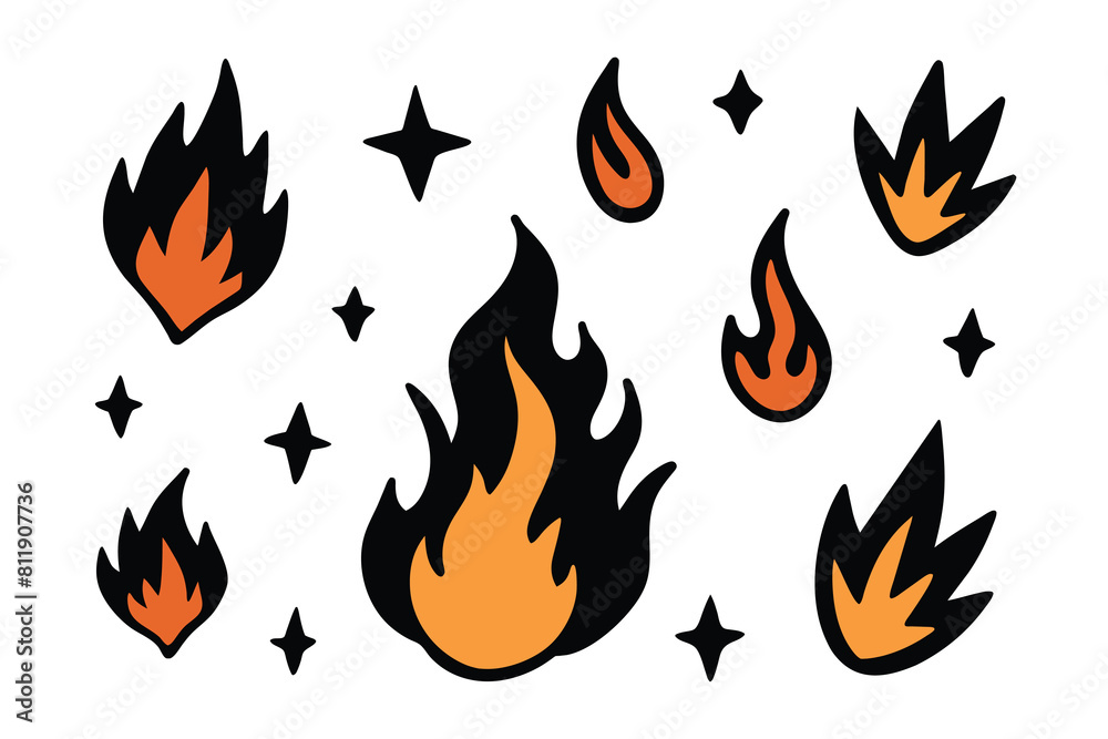 Set of hand drawn y2k style flame elements, star, fire frame. Trendy ...