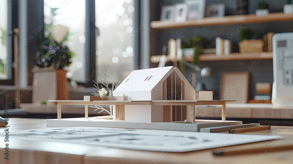An architectural design of a house in a 3D model stands on the office ...