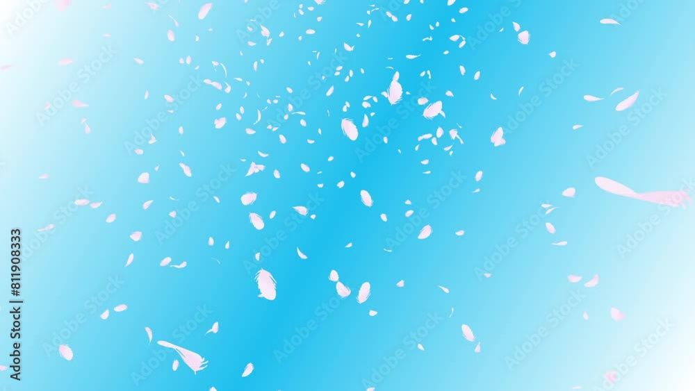 White feather particles falling from above on light blue gradient ...