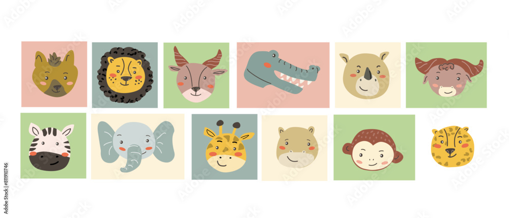African animals faces set. Cute doodle animal portraits. Hand drawn ...