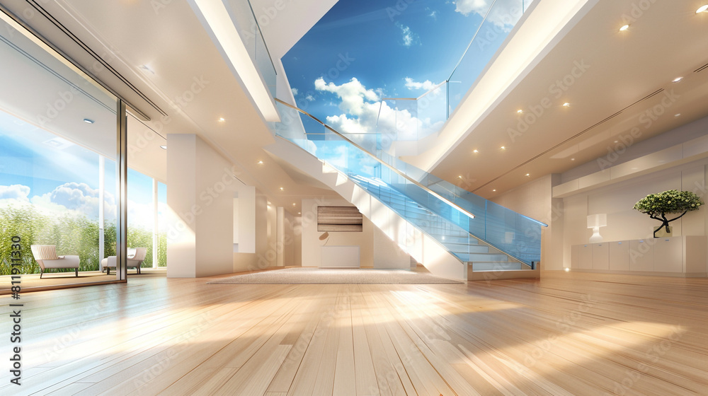 Canted angle shot capturing a dynamic view of a modern entrance with a ...