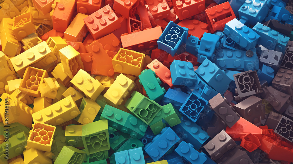An overhead view of a brick box filled with assorted Lego pieces of ...