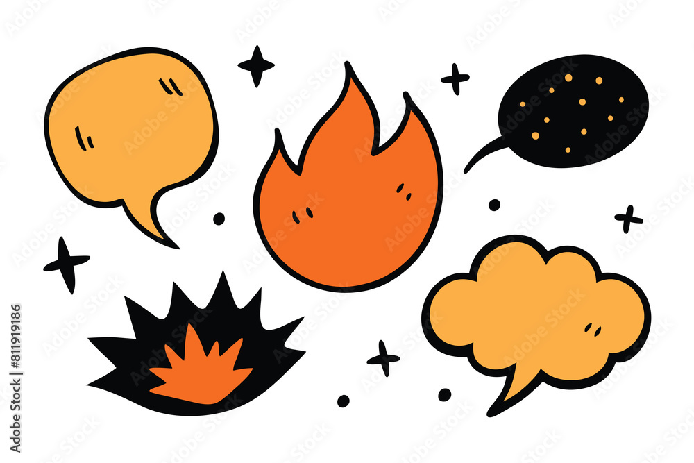 Set of hand drawn speech bubbles, flame elements, star, fire. Trendy ...