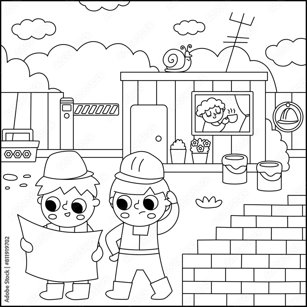 Vector black and white construction site landscape illustration. Line ...