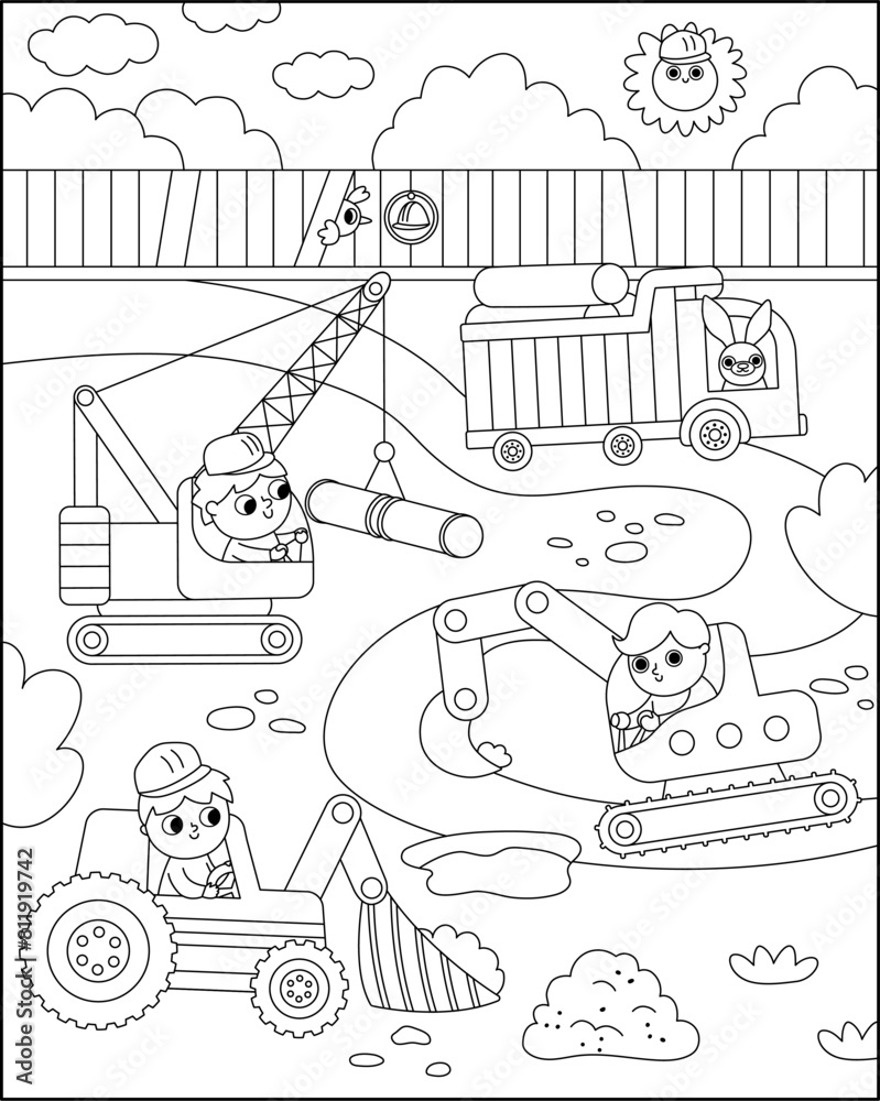 Vector black and white construction site landscape illustration. Line ...