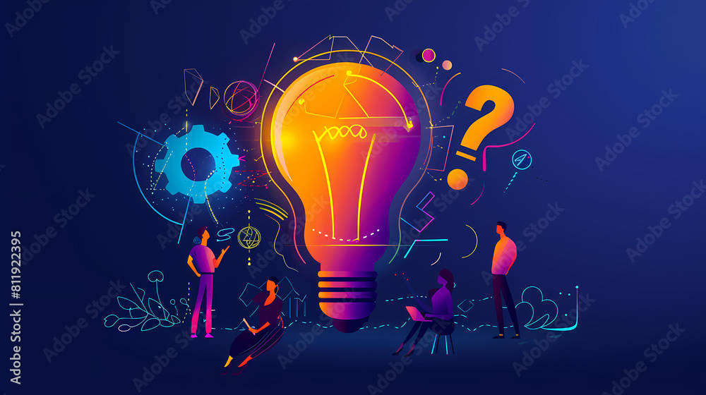 Question marks and light bulb symbolizing idea or solution. Problem ...