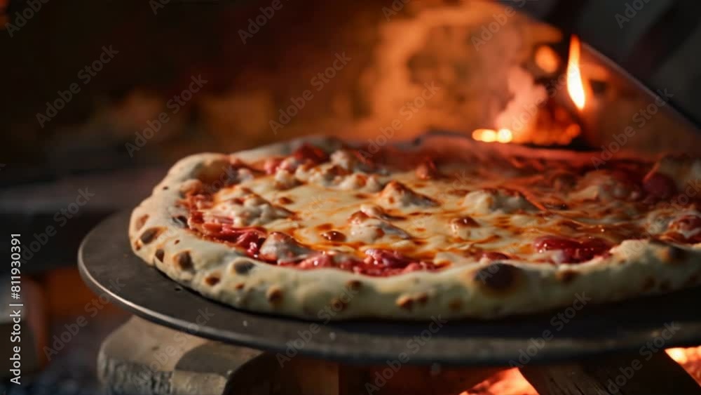 a pizza being pulled out of a wood-fired oven, with cheese bubbling and ...
