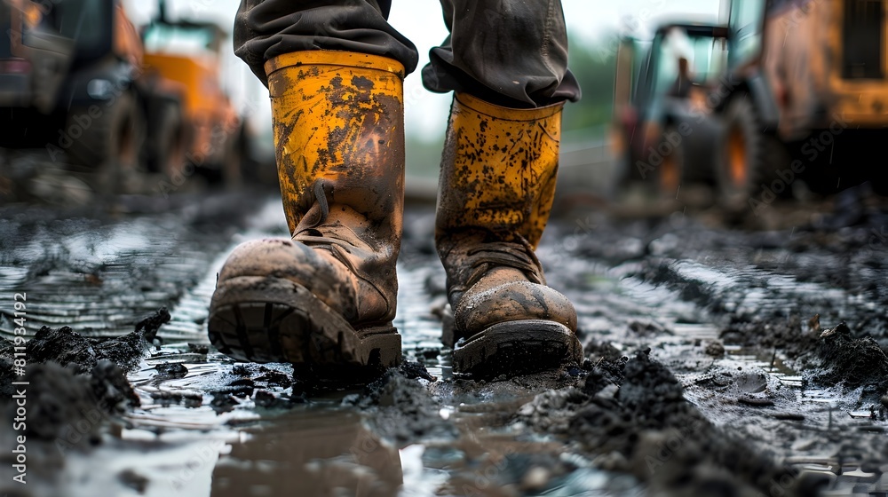 Construction Worker Treads Through Wet Muddy Ground on Urban Site ...