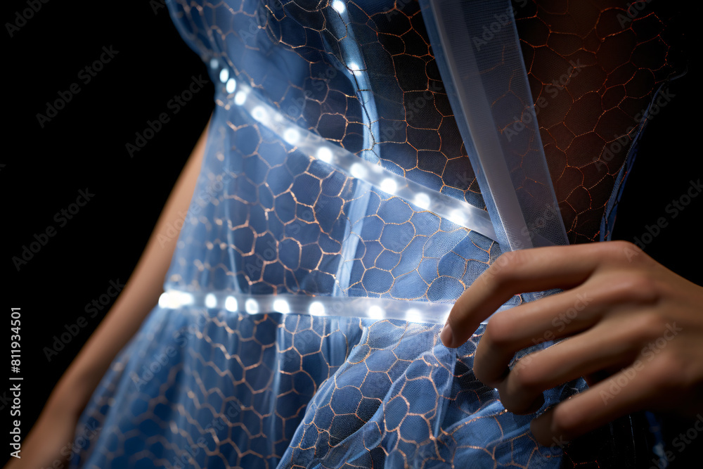 Woman wearing solar-powered clothing. Solar cells integrated into ...