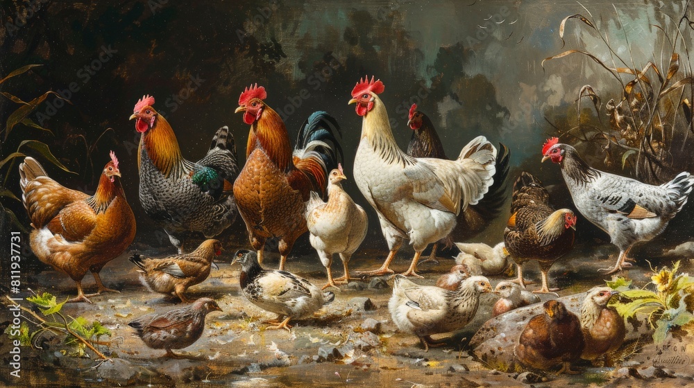 Barnyard fowl including chickens, roosters, ducks, and geese in a ...