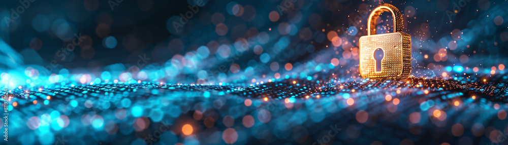 Digital lock with a glowing electronic backdrop, showcasing themes of ...