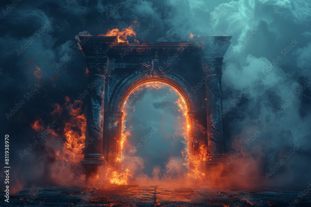 The eerie depiction of a cursed gate to the underworld, surrounded by ...