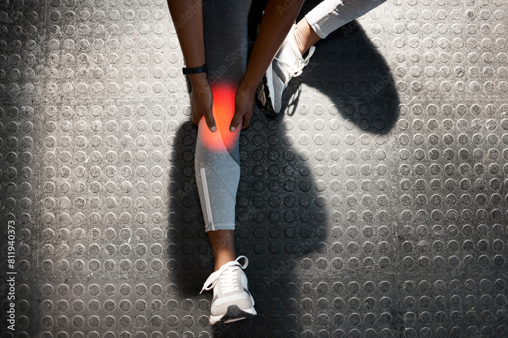 Gym, hands or person with knee injury, accident or pain in exercise or ...