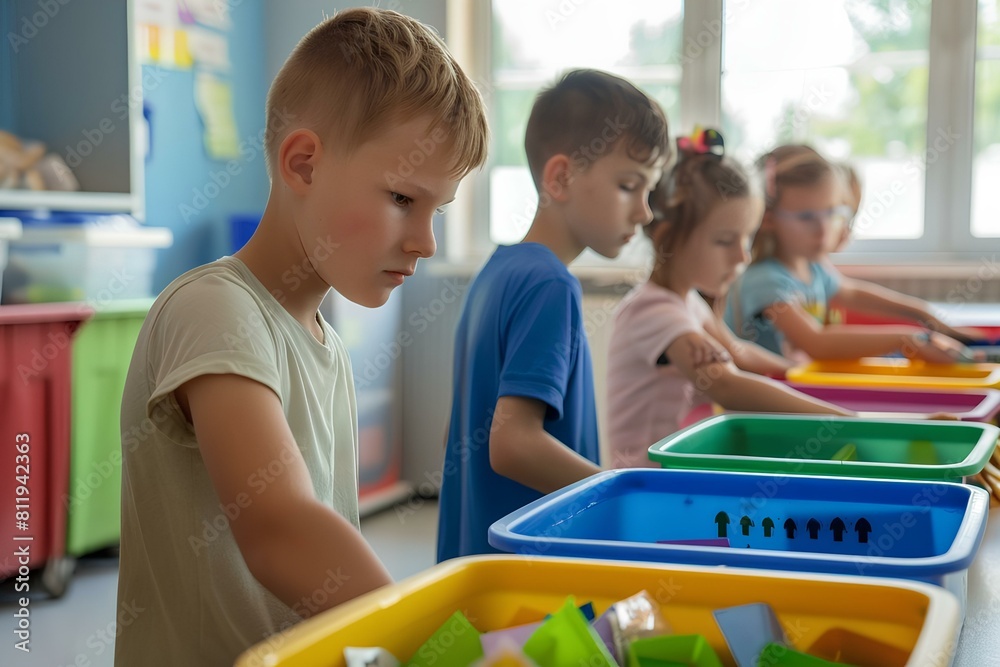 Preschoolers sort and match objects by color and shape in a classroom ...