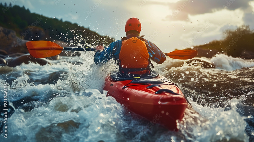 Whitewater kayaking, extreme sport rafting. back view man in kayak ...