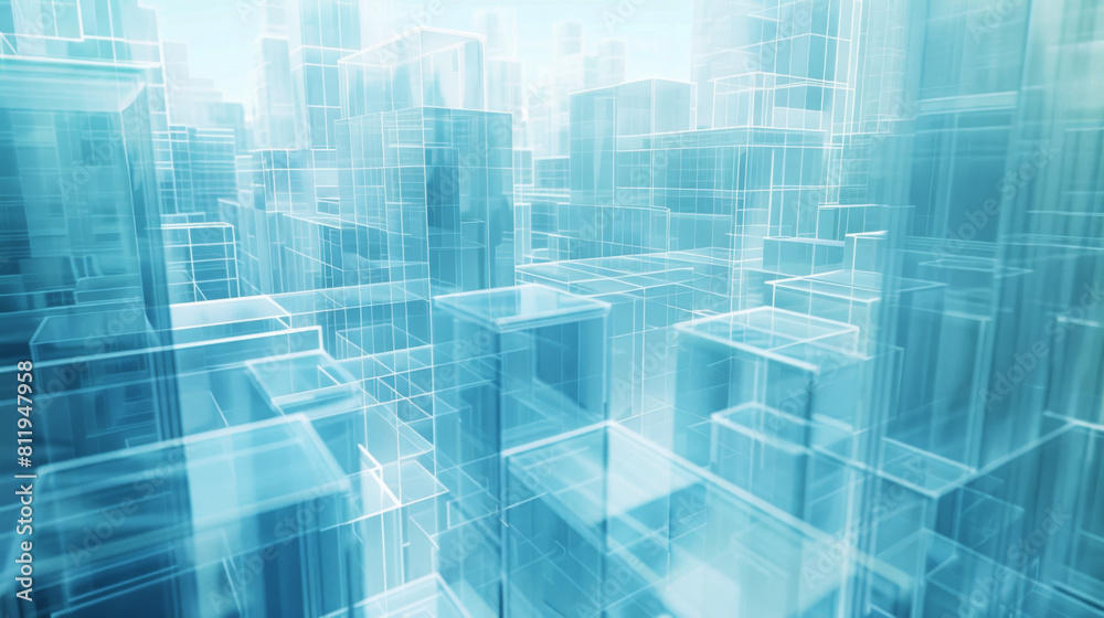 Line-based translucent graphics with street scenery, block buildings ...