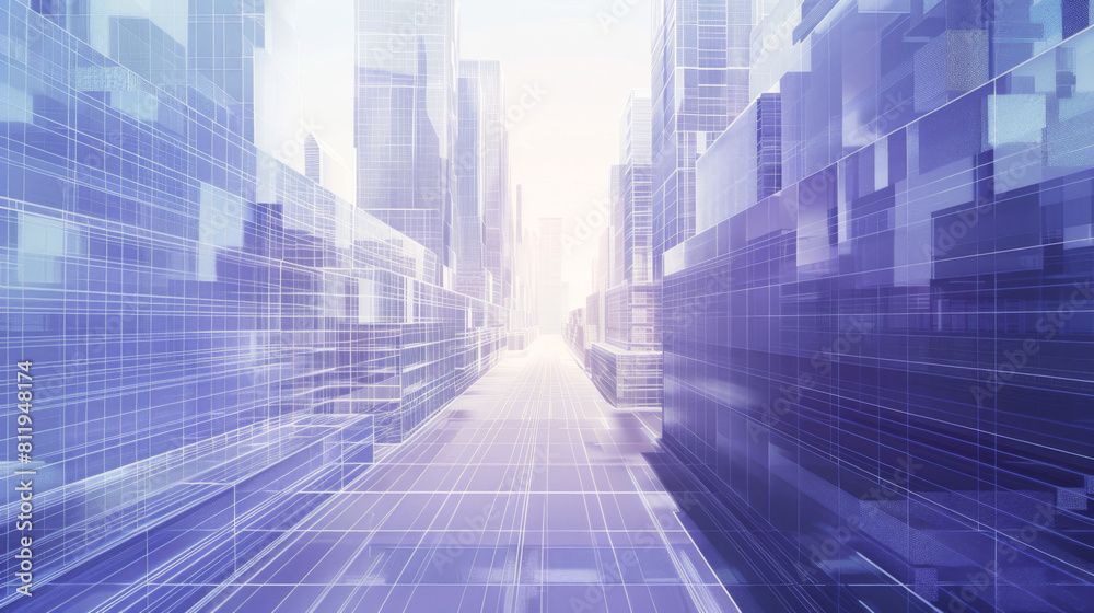 Line-based translucent graphics with street scenery, block buildings ...