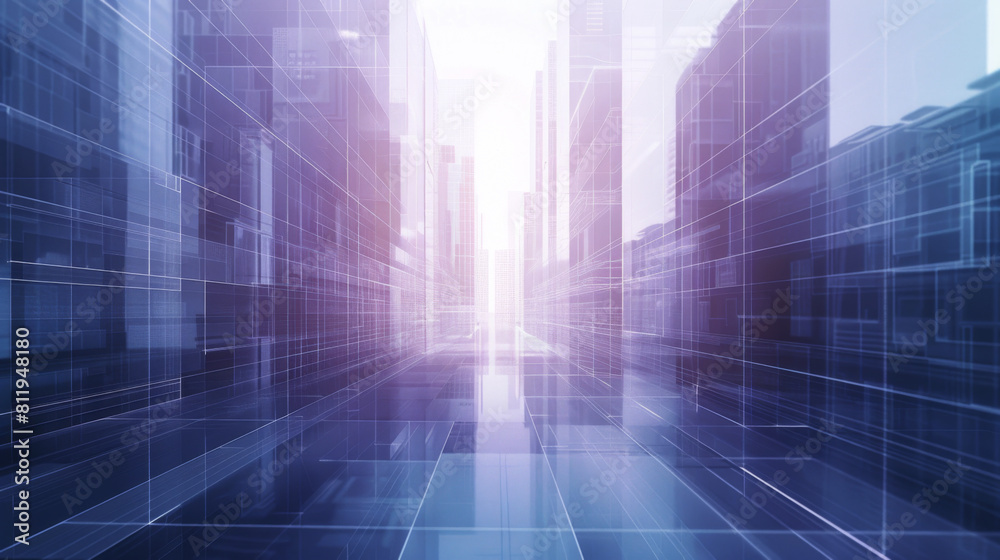 Line-based translucent graphics with street scenery, block buildings ...