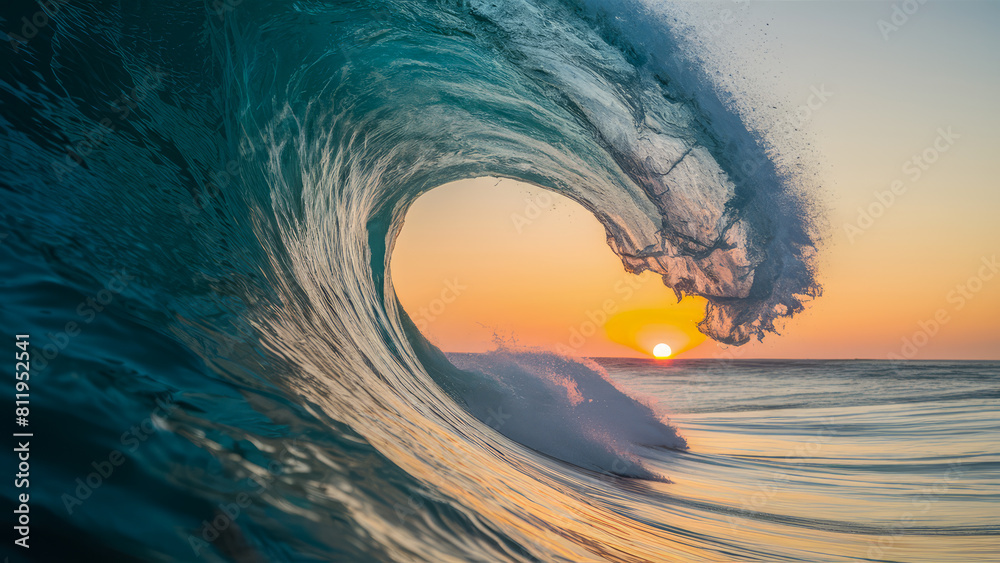 Ocean Wave Curl with Sunset Background Stock Illustration | Adobe Stock