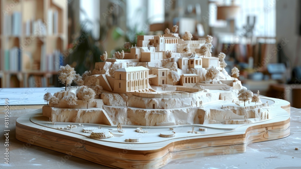 3D printed model of an ancient city. The model is made of wood and is ...
